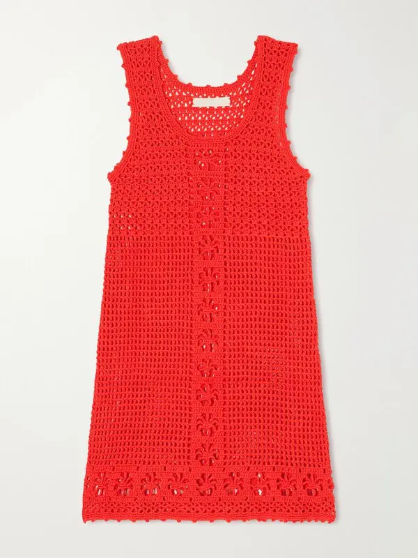 TERRY PUESTO Poolside Scalloped Crocheted Organic-cotton Mini Dress - Red