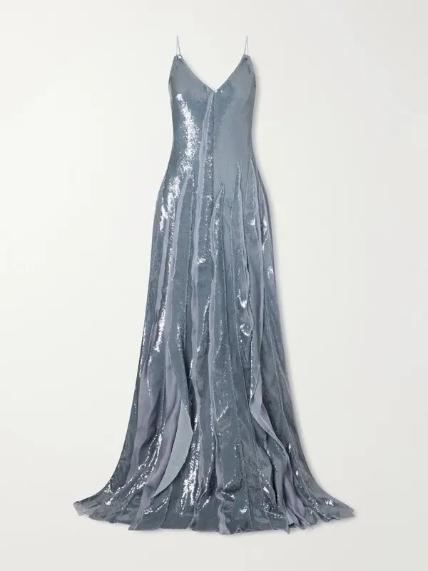 MARMAR HALIM Pleated Sequined Chiffon Gown - Blue