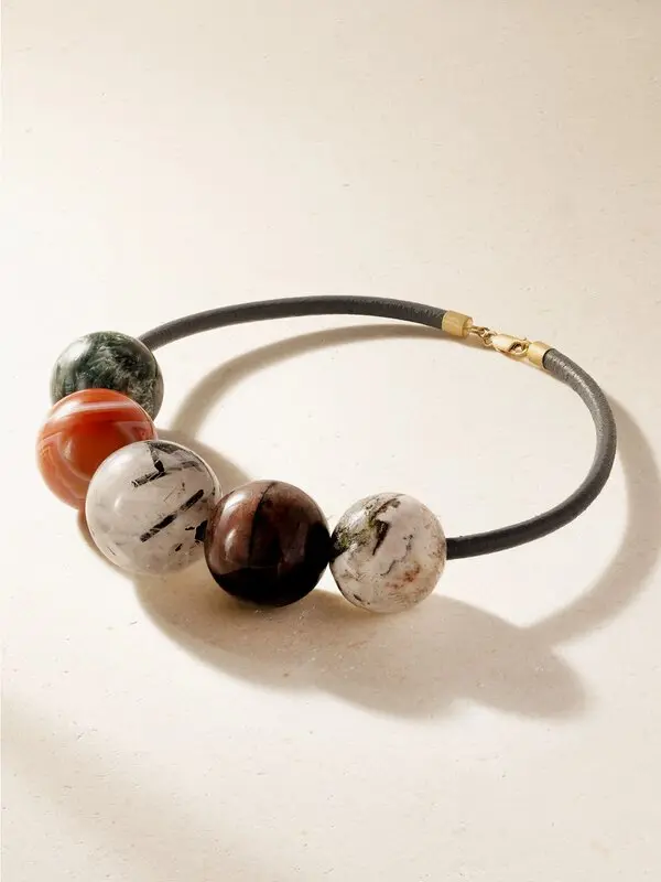 Marisa Klass 18-karat Gold, Agate, Carnelian, Quartz, Chiastolite, Natrolite And Leather Necklace - Multi