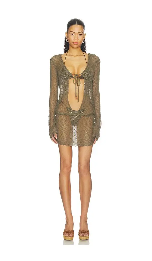 JADED LONDON Knit Hooded Cutout Mini Dress In . Also - Green