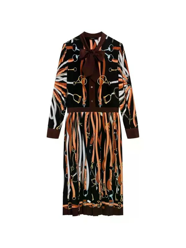 Gucci Belt-print Pleated-design Midi Dress - Black