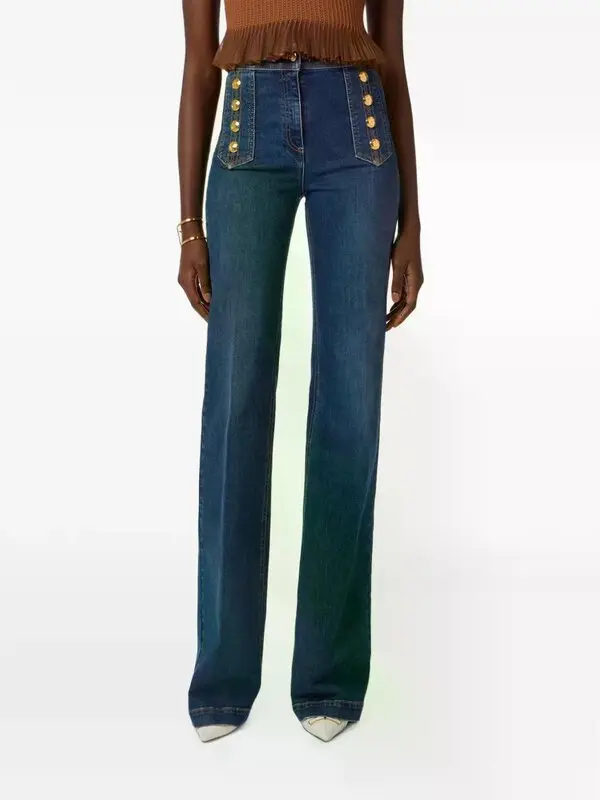Elisabetta Franchi Tone Button Denim Palazzo Pants