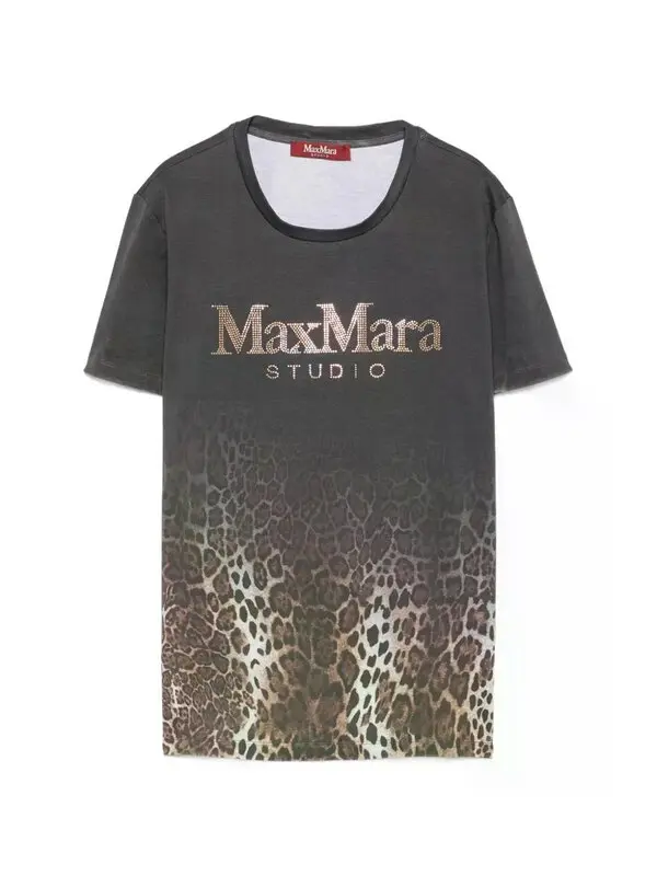 Max Mara Quieto Leopard-print Rhinestone-logo T-shirt - Grey