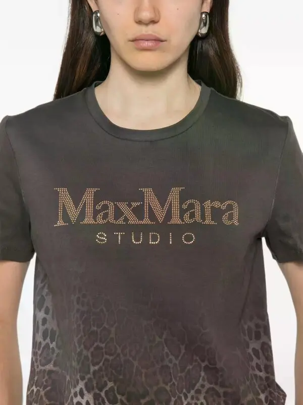 Max Mara Quieto Leopard-print Rhinestone-logo T-shirt - Grey