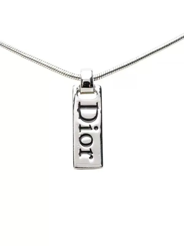 Dior 1998-2004 Palladium Plated Enamel Logo Plaque Pendant Necklace Costume Necklace - Silver