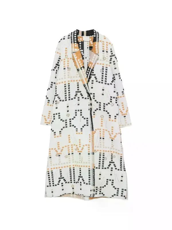 FORTE_FORTE Geometric-pattern Fringed-trim Coat - White
