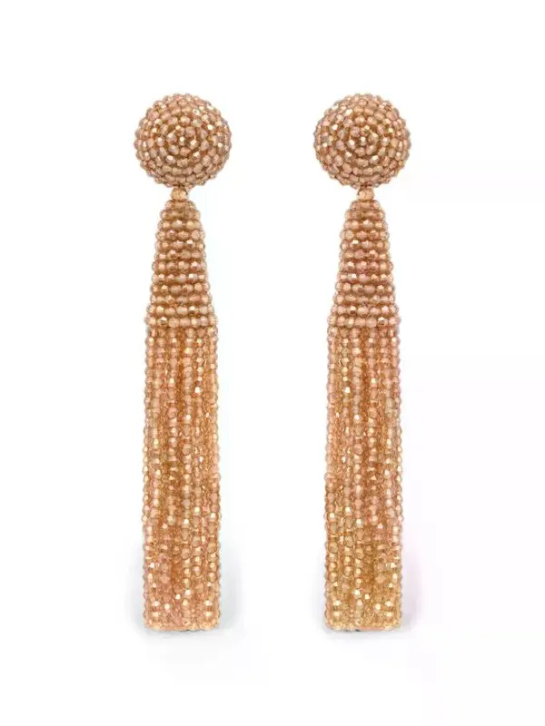 Oscar De La Renta Tone Crystal Embellishment Beaded Tassel Drop Earrings - Gold
