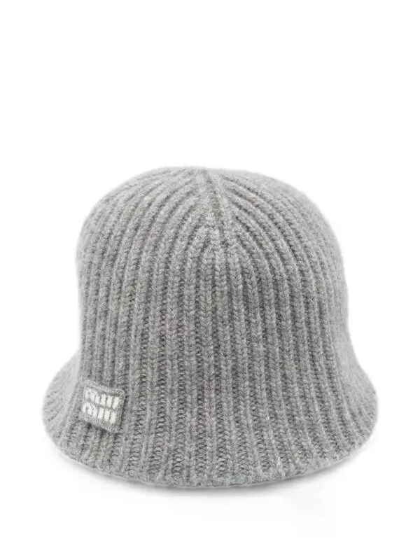 Miu Miu Ribbed-knit Logo-patch Beanie Hat - Grey