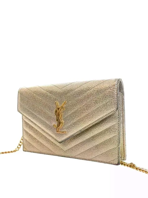 Saint Laurent Metallic Crackled Chevron Calfskin Monogram Envelope Chain Wallet Crossbody Bag - Gold