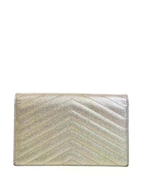 Saint Laurent Metallic Crackled Chevron Calfskin Monogram Envelope Chain Wallet Crossbody Bag - Gold