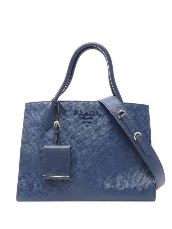 Prada 2010-2026 Medium Saffiano Cuir Monochrome Top Handle Tote Satchel - Blue