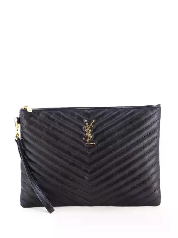 Saint Laurent Classic Monogram Wristlet Pouch Matelasse Chevron Leather Medium Clutch Bag
