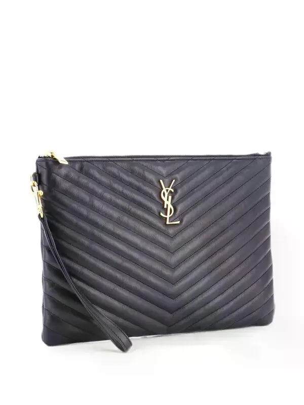 Saint Laurent Classic Monogram Wristlet Pouch Matelasse Chevron Leather Medium Clutch Bag