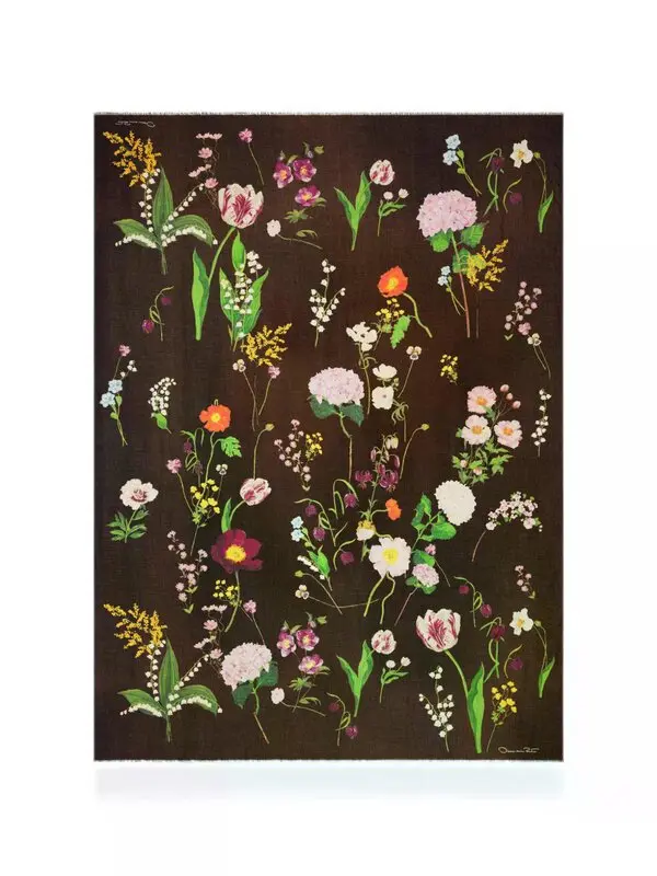 Oscar De La Renta Botanical-print Frayed Scarf - Brown