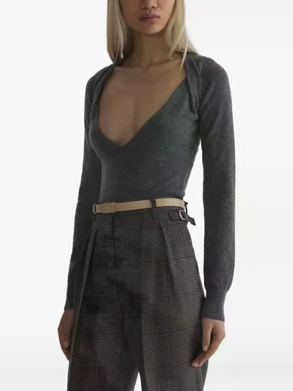 MUGLER Cashmere V-neck Knit Top - Brown