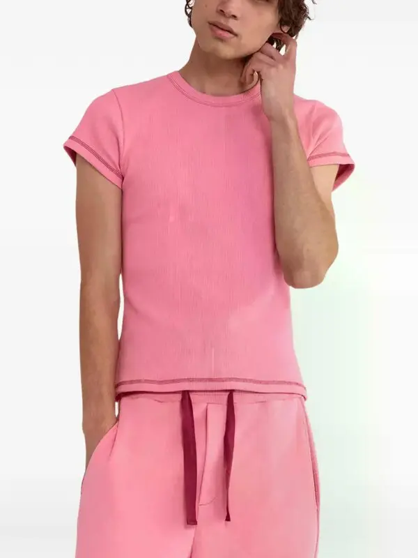 SANDERLAK Ribbed-knit Contrast-stitch T-shirt - Pink