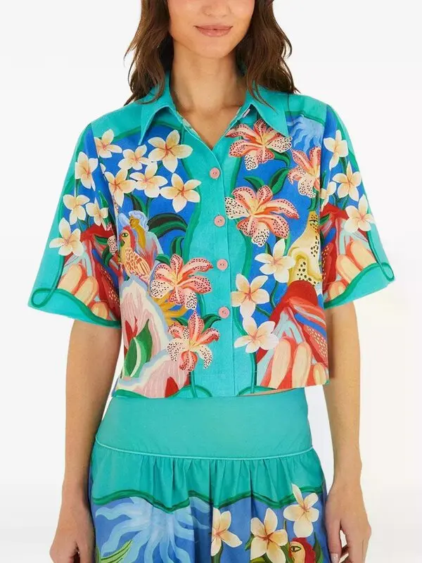 Farm Rio Garden Of Life Floral-print Cropped Shirt - Blue