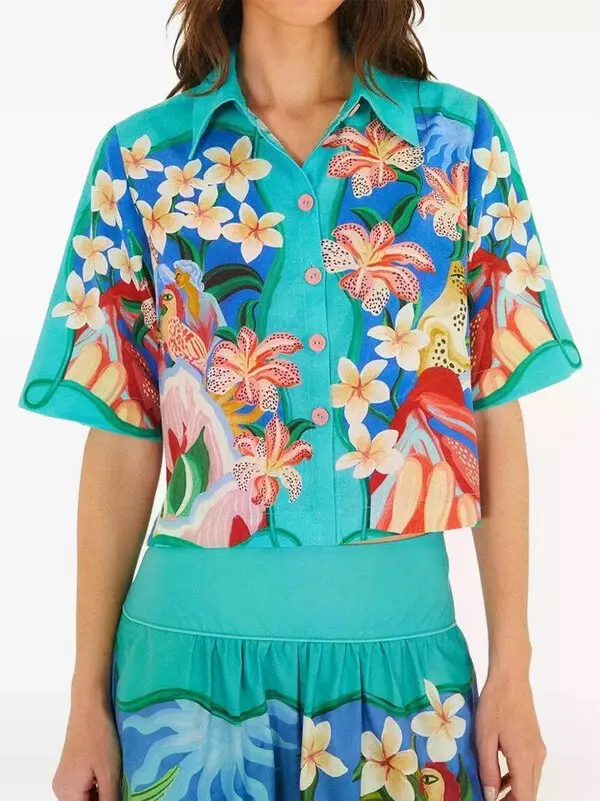 Farm Rio Garden Of Life Floral-print Cropped Shirt - Blue