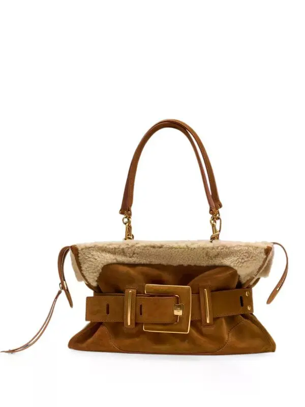 Balmain Anthem Buckled Shearling Shoulder Bag - Brown