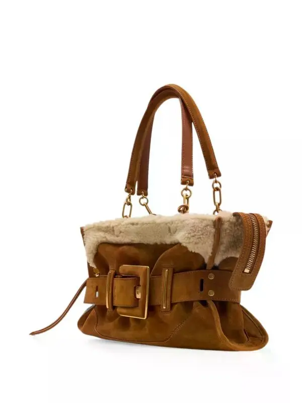 Balmain Anthem Buckled Shearling Shoulder Bag - Brown