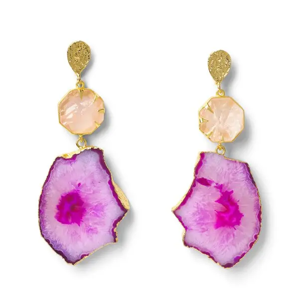 YAA YAA LONDON Hold On' Rose Quartz Agate Gemstone Gold Statet Earrings - Pink
