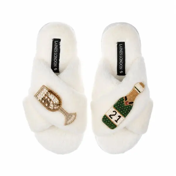 LAINES LONDON Neutrals / Classic Laines Slippers With Champagne & Glass 21st Birthday Brooches Cream - White