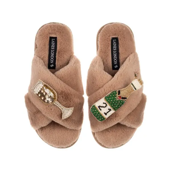 LAINES LONDON Neutrals Classic Laines Slippers With Champagne & Glass 21st Birthday Brooches Toffee - Brown