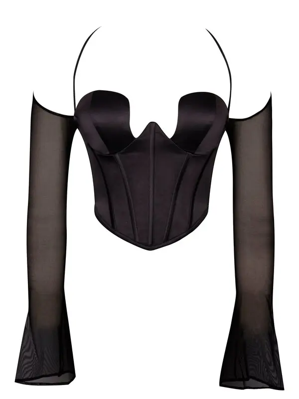 MISS CIRCLE NEW YORK Pixie Mesh Sleeve Halter Corset Satin Top - Black
