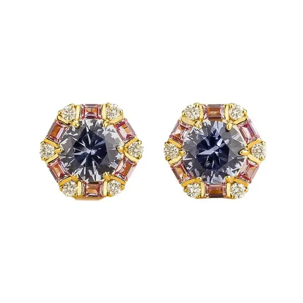 JUVETTI  Gold / Blue / White Melba Gold Earrings Set With Pastel Blue Sapphire, Pink Sapphire & Diamond - Gold/blue/white