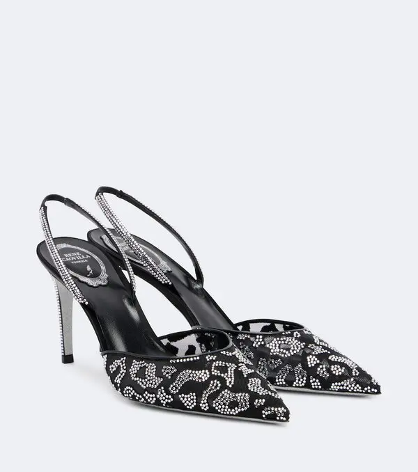 Rene Caovilla Embellished Mesh Slingback Pumps - Black