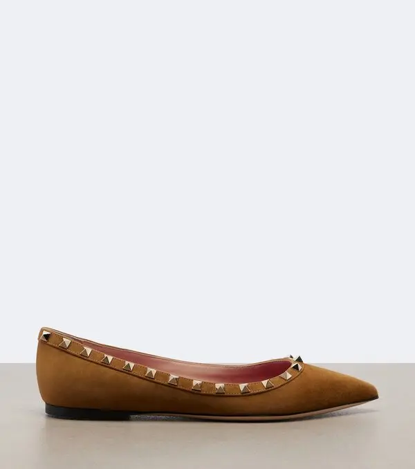 Valentino Garavani Rockstud Suede Ballet Flats - Brown