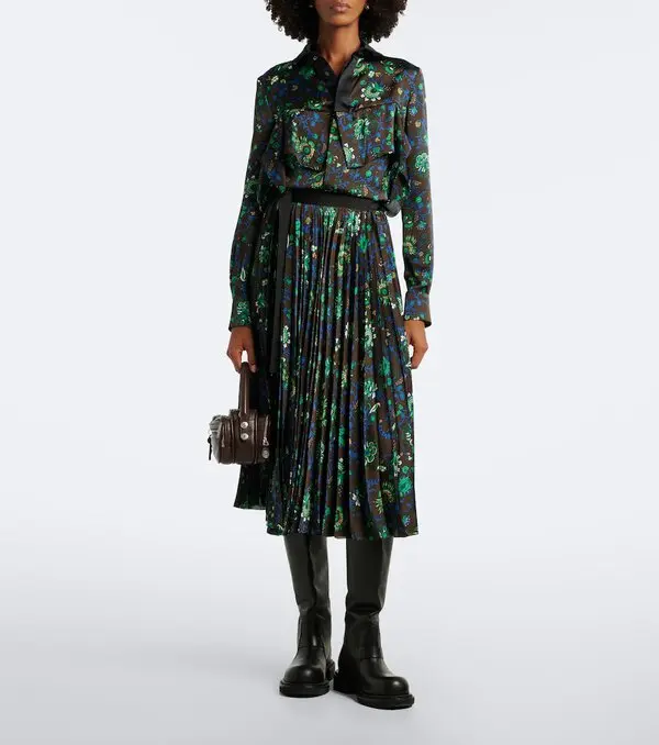 Sacai Floral Plisse Midi Skirt - Brown