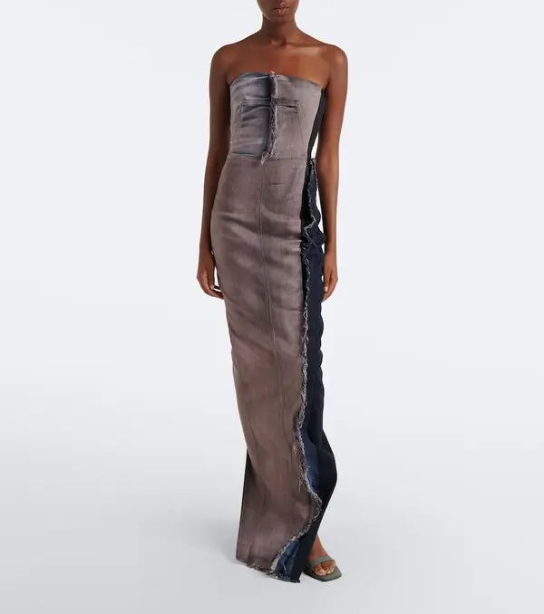 Rick Owens Distressed Denim Bustier Gown