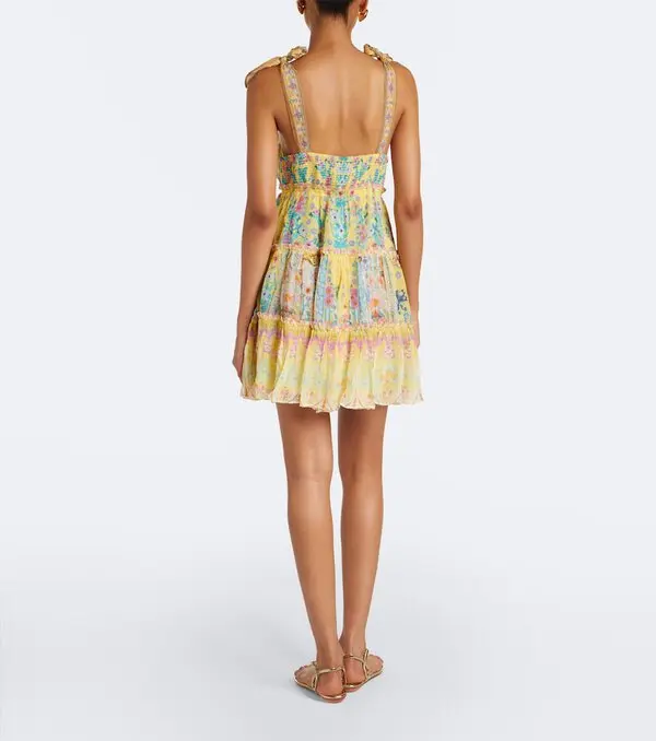 Camilla Floral Embellished Tiered Silk Mini Dress