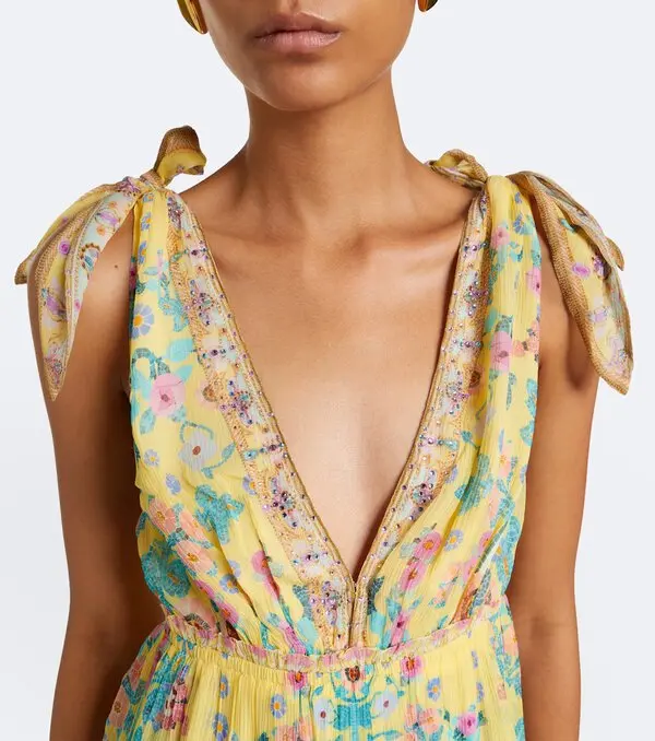 Camilla Floral Embellished Tiered Silk Mini Dress