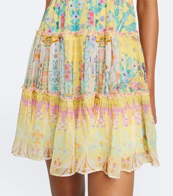 Camilla Floral Embellished Tiered Silk Mini Dress
