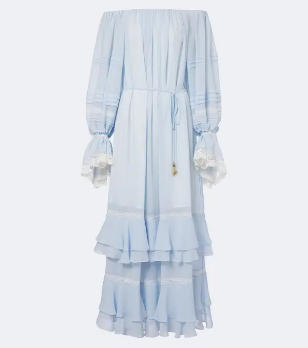 XU ZHI Ruffled Off-shoulder Lace-trimmed Maxi Dress - Blue