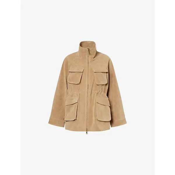THE COUTURE CLUB Ruched-waist Funnel-neck Faux Suede Jacket - Beige