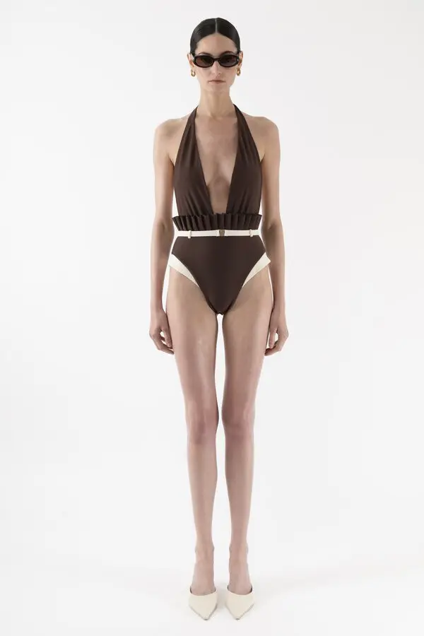 Arakii Deep V Pleated Swimsuit - Brown