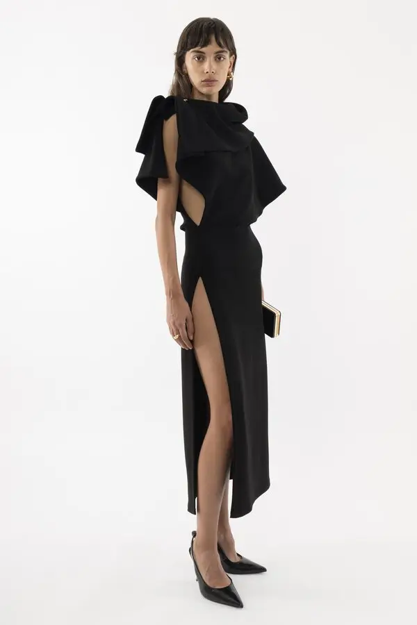 Arakii Sculptural Asymmetrical Collar Pin Dress