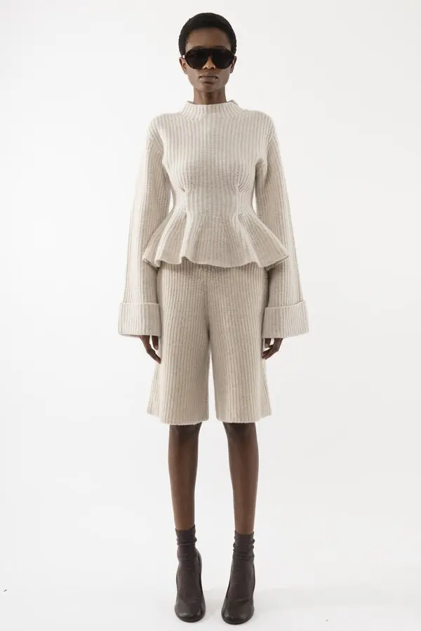 Arakii Heavy Knitted Peplum Turtleneck - Creme White