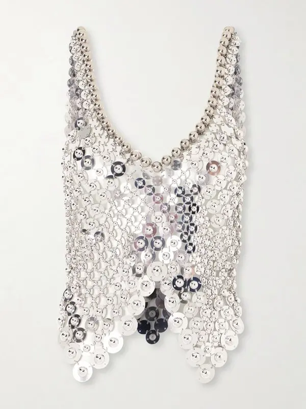 Rabanne Sequined Bead-embellished -tone Chainmail Tank - Silver