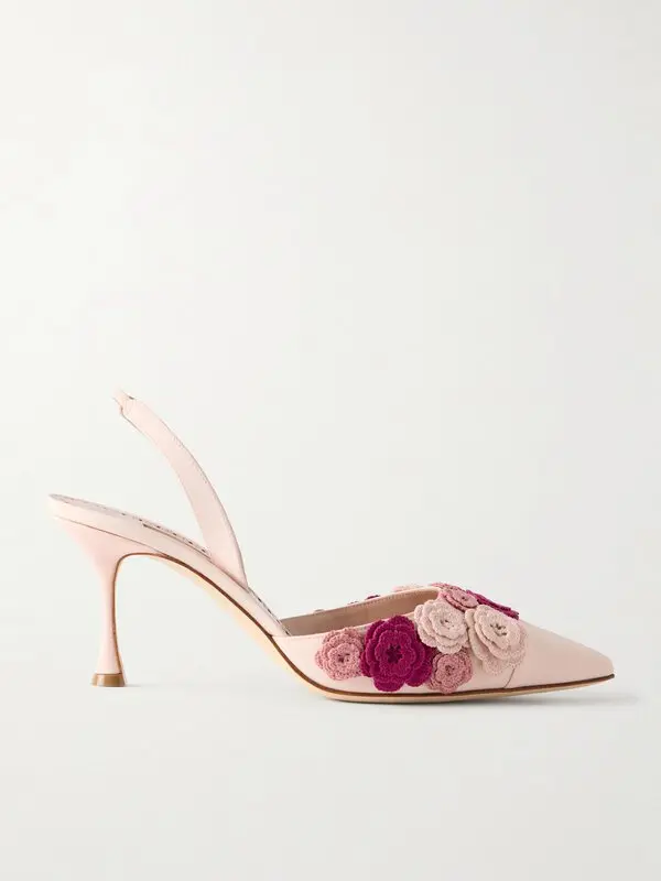Manolo Blahnik Svemutasli 70 Embellished Crochet-trimmed Leather Pumps - Pink