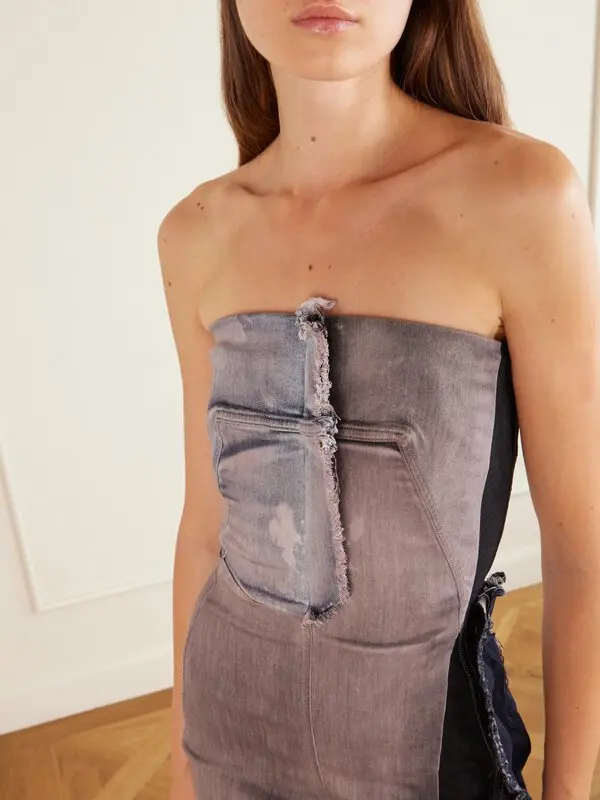 Rick Owens Distressed Paneled Stretch-denim Maxi Gown