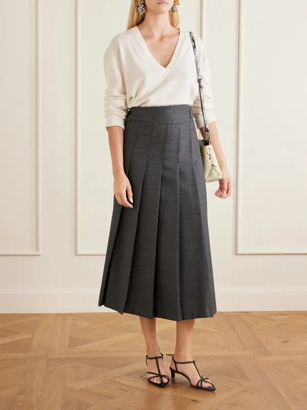 RÓHE Pleated Wool-blend Midi Skirt