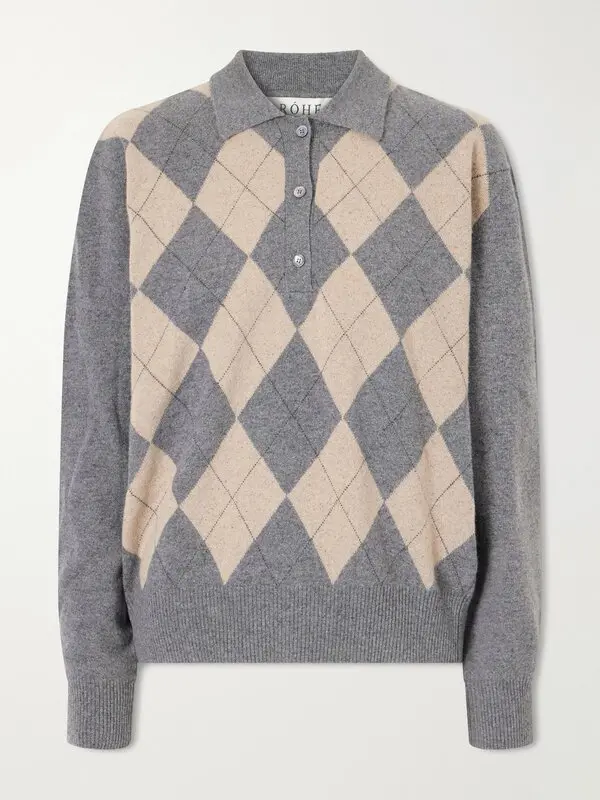 RÓHE Argyle Cashmere, Wool And Silk-blend Polo Sweater - Gray