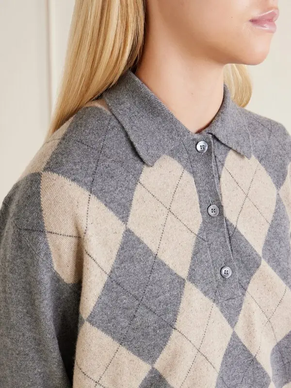 RÓHE Argyle Cashmere, Wool And Silk-blend Polo Sweater - Gray