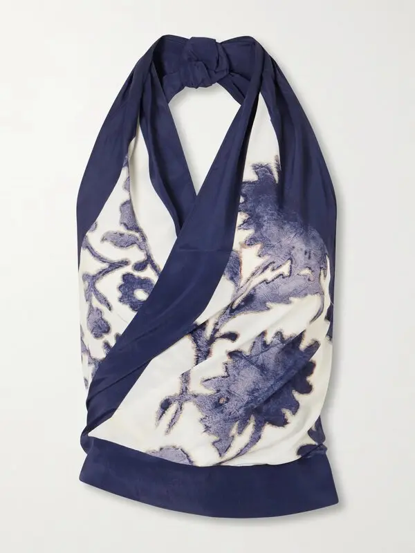 SIR. Phillipa Printed Silk-blend Halter Tank - Blue