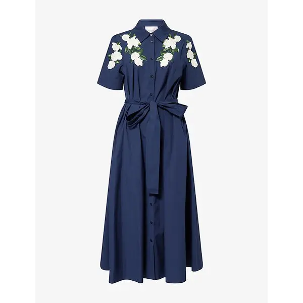 Carolina Herrera Floral-embroidered Short-sleeve Cotton-blend Midi Dress - Midnight