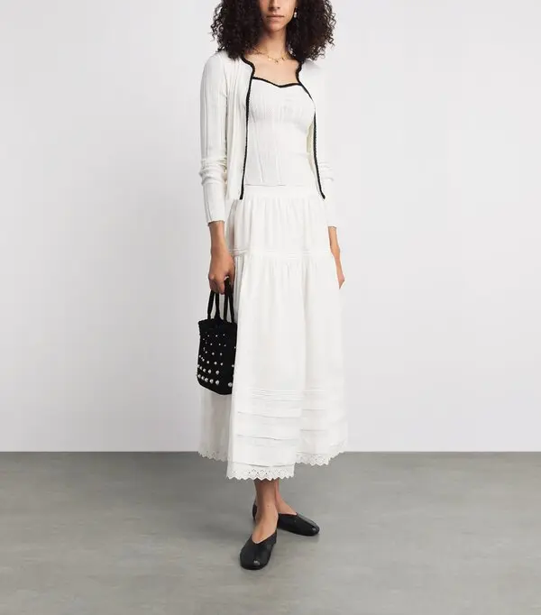 DÔEN Sebastiane Organic Cotton Midi Skirt With Lace Hem - White